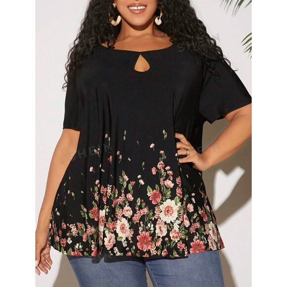 SHEIN | Tops | Flower Print Hollow Out Neckline Tshirt Tunic Shein Top ...